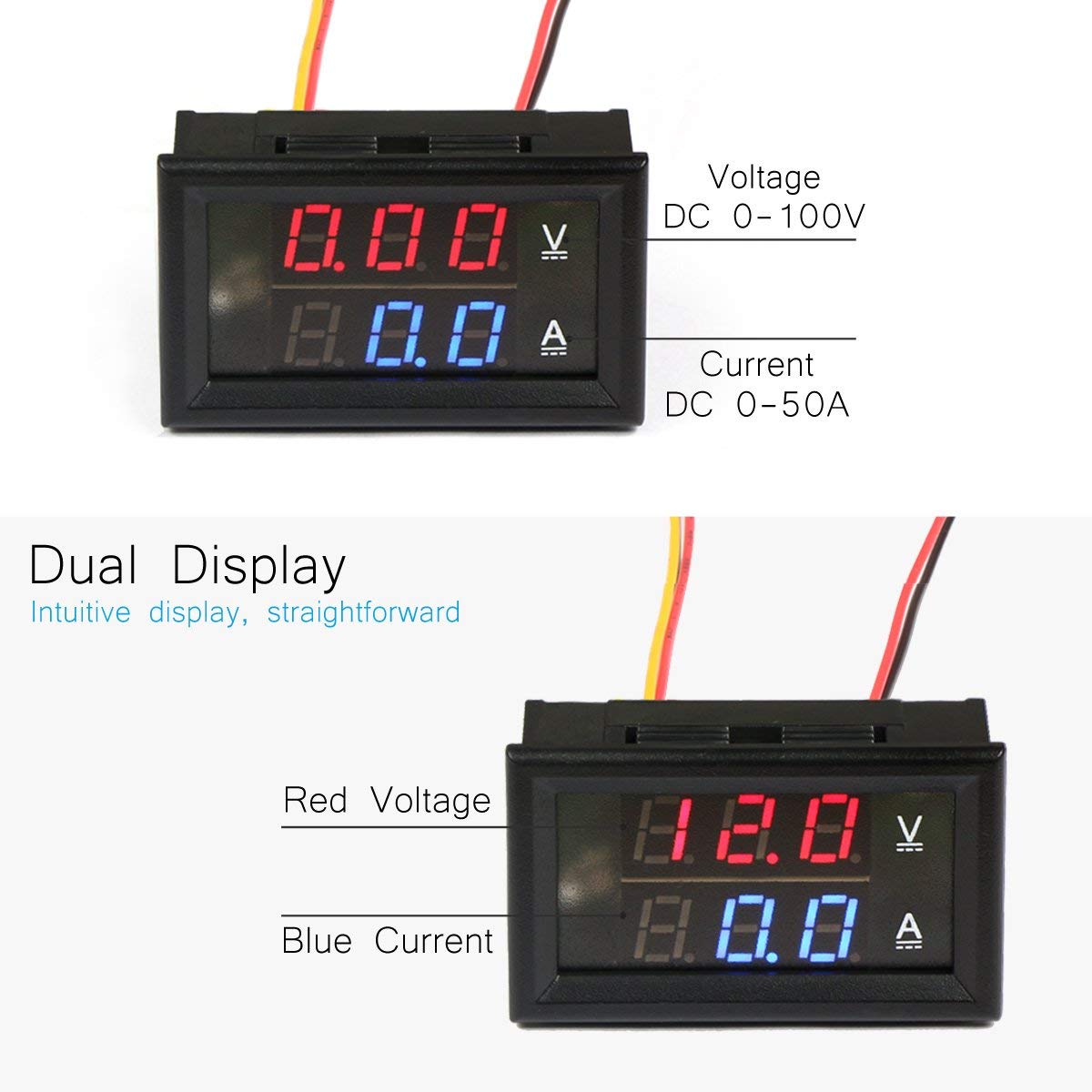 2 in1 DC Volt Amp Meter Dual Voltmeter 0.28″ 0-100V/50A Red Blue ...